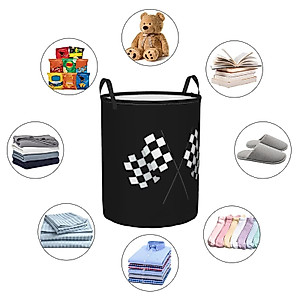 Checkered Flags Race Car Flag Laundry Basket Laundry Basket with Handle Waterproof Round Oxford Cloth Laundry Basket Storage Basket