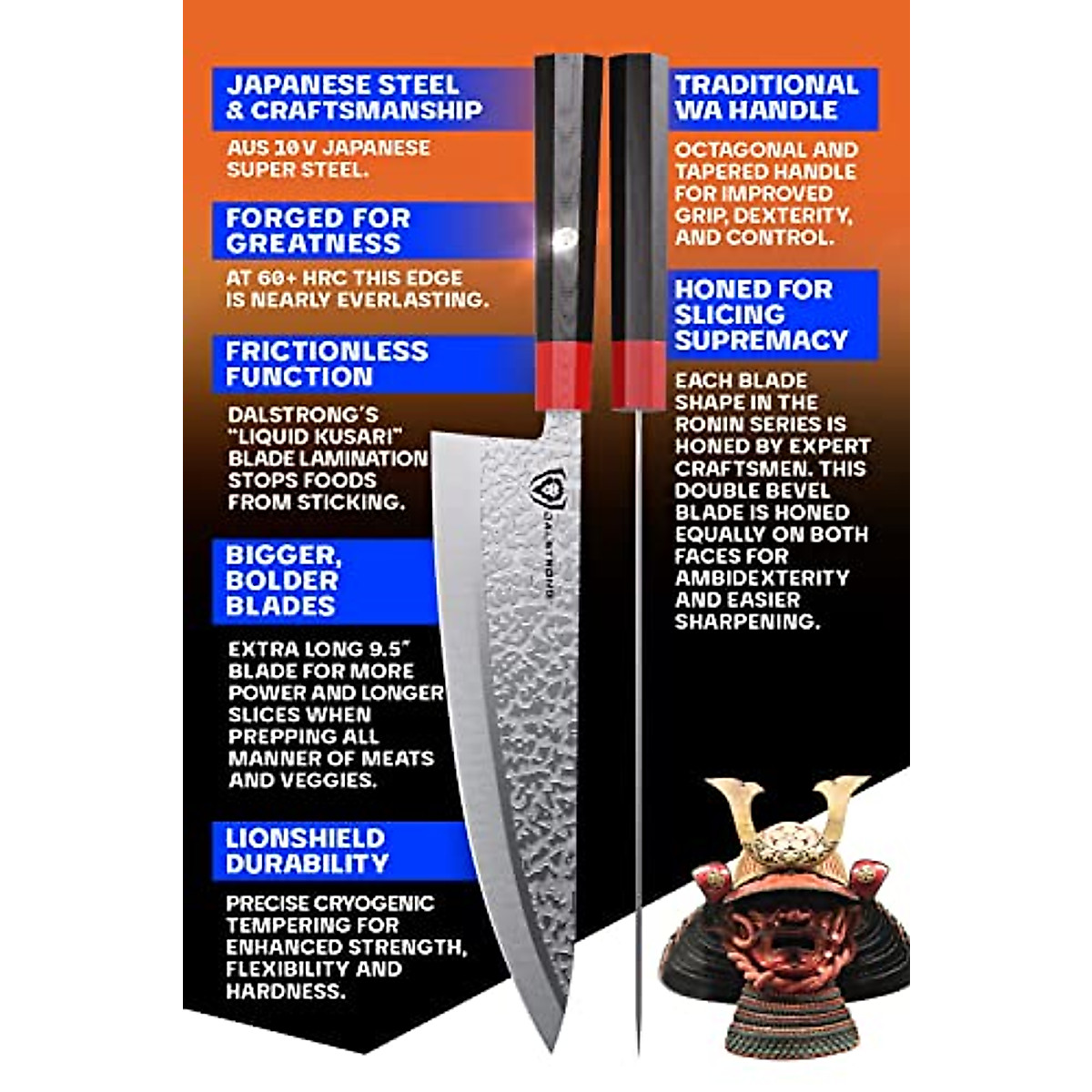 Dalstrong Chef Knife - 9.5 inch - Ronin Series - Double Bevel Blade Razor Sharp - Japanese AUS-10V Super Steel - Damascus Chef's Knife - G10 Handle Kitchen Knife - Black Acacia Wood Sheath