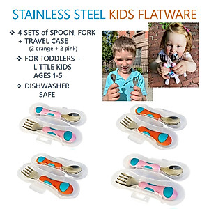 Toddler Silverware, Kids Utensils, Stainless Steel Forks Spoons Set with Travel Case for 1 2 3 4 year old. Metal Cutlery for Children, Girls Boys Baby, Round Handle 8 Pieces (4 sets) Pink Blue, Orange