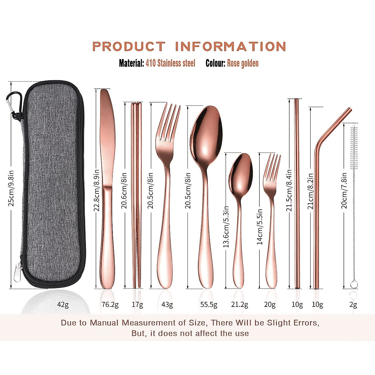 AARainbow 9 Pieces Stainless Steel Flatware Set Portable Reusable Cutlery Set Travel Utensils Set Including Chopsticks Knife Fork Spoon Straws Cleaning Brush Dishwasher Safe (9 Rose Gold)