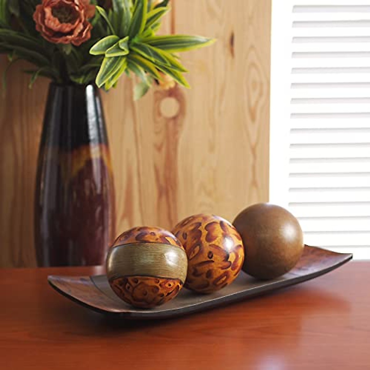 Hosley Brown Hand Painted Pattern Decorative Bowl Tray and Orb Ball Set 15 Inches Long Burlwood Style Finish Ideal Gift for Weddings Party Spa Reiki Meditation Settings O3
