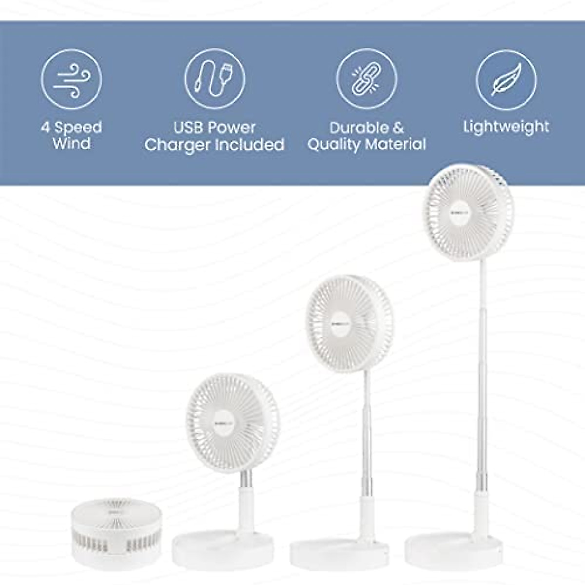 NEXAIR Premium Foldable Fan, 4 Speed Portable Fan with Adjustable Height 14” – 39.5 in, Rechargeable Folding Fan For Home And Office, Quiet Floor Fan For Bedroom, Battery Operated Fan For Travel