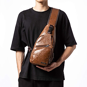 Men's Leather Sling Bag Multipurpose Daypack Shoulder Chest Crossbody Bag Black