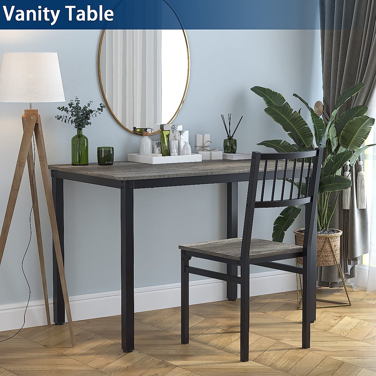 Teraves Dining Table Set for 4/Computer Desk,Kitchen Table with 2 Chairs and a Bench,Table and Chairs Dining Set 4 Picce Set for Dining Room (Black Oak+Black Frame,120CM)