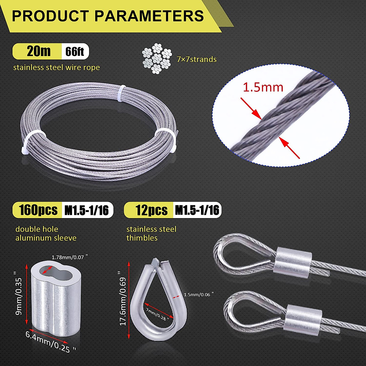Twidec/Wire Rope Crimping Tool Up To 2.2mm Swaging Tool With 160PCS 1/16''Aluminum Crimping Loop Sleeve And 66FT 1/16'' 304 stainless steel Wire Rope 12PCS Wire Rope Thimbles Kit N-022-4K