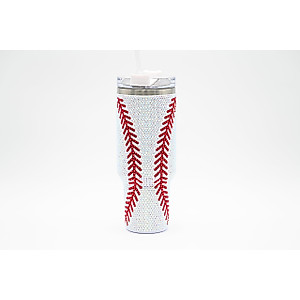 SEM LIFE 40 Oz Rhinestone Bling Tumbler Cup with Handle and Straw (BASEBALL), Stainless Steel and Double Wall Insulated