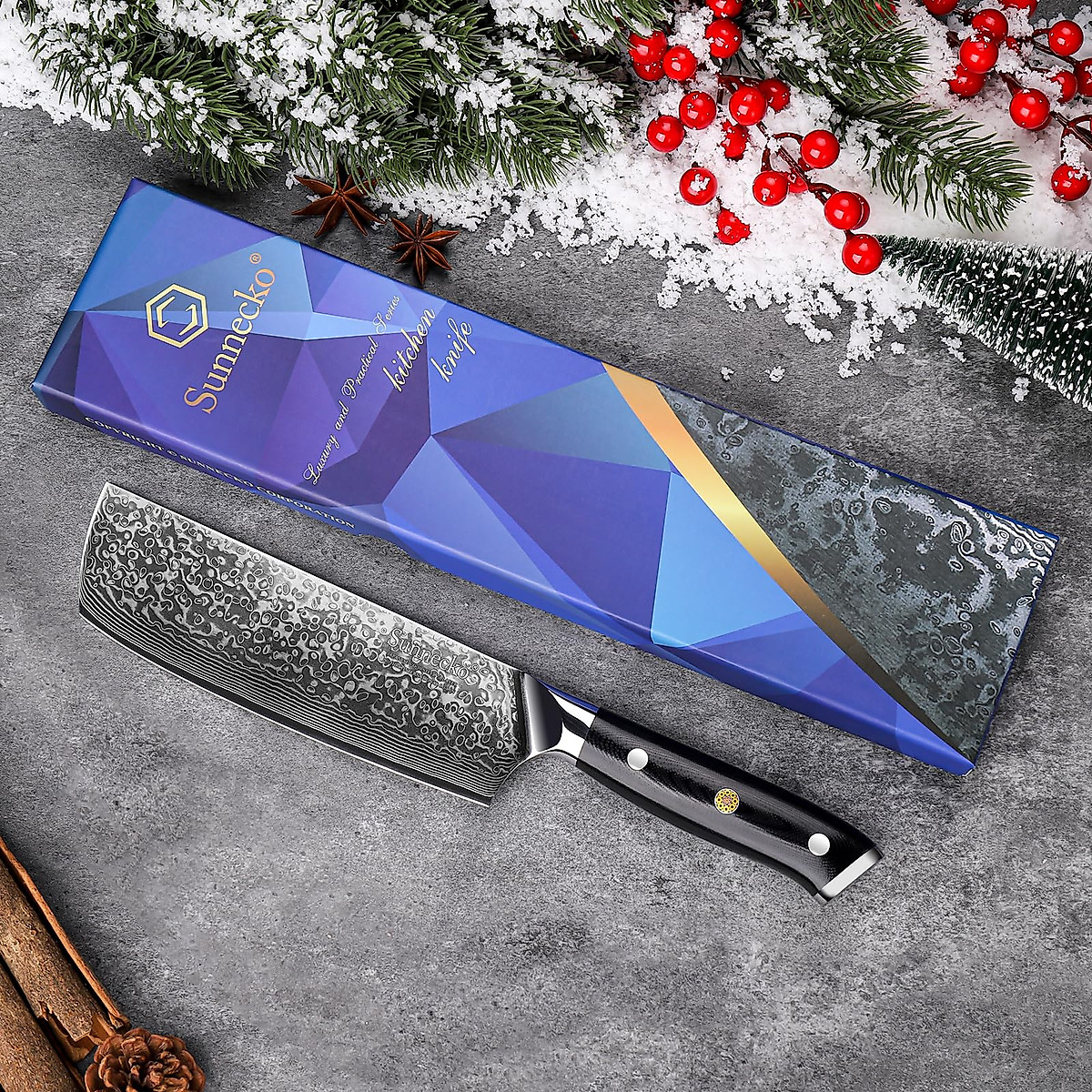 Sunnecko Damascus Kitchen Knife Japanese Nakiri Knife 7 Inch Cooking Knife Vg-10 High Carbon Stainless Steel with G10 Handle