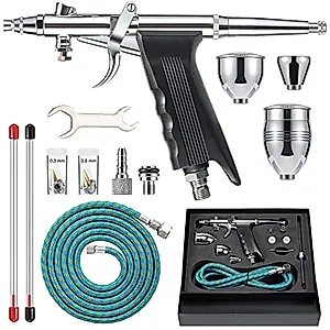 Airbrush Kit, Air Brush Painting Set, Double Action Trigger Airbrush Gun with 0.3mm/0.5mm/0.8mm Needles, 2cc/5cc/13cc Paint Cup, Airbrush Spray Tool Set for Painting Nails Cake Tattoo Makeup