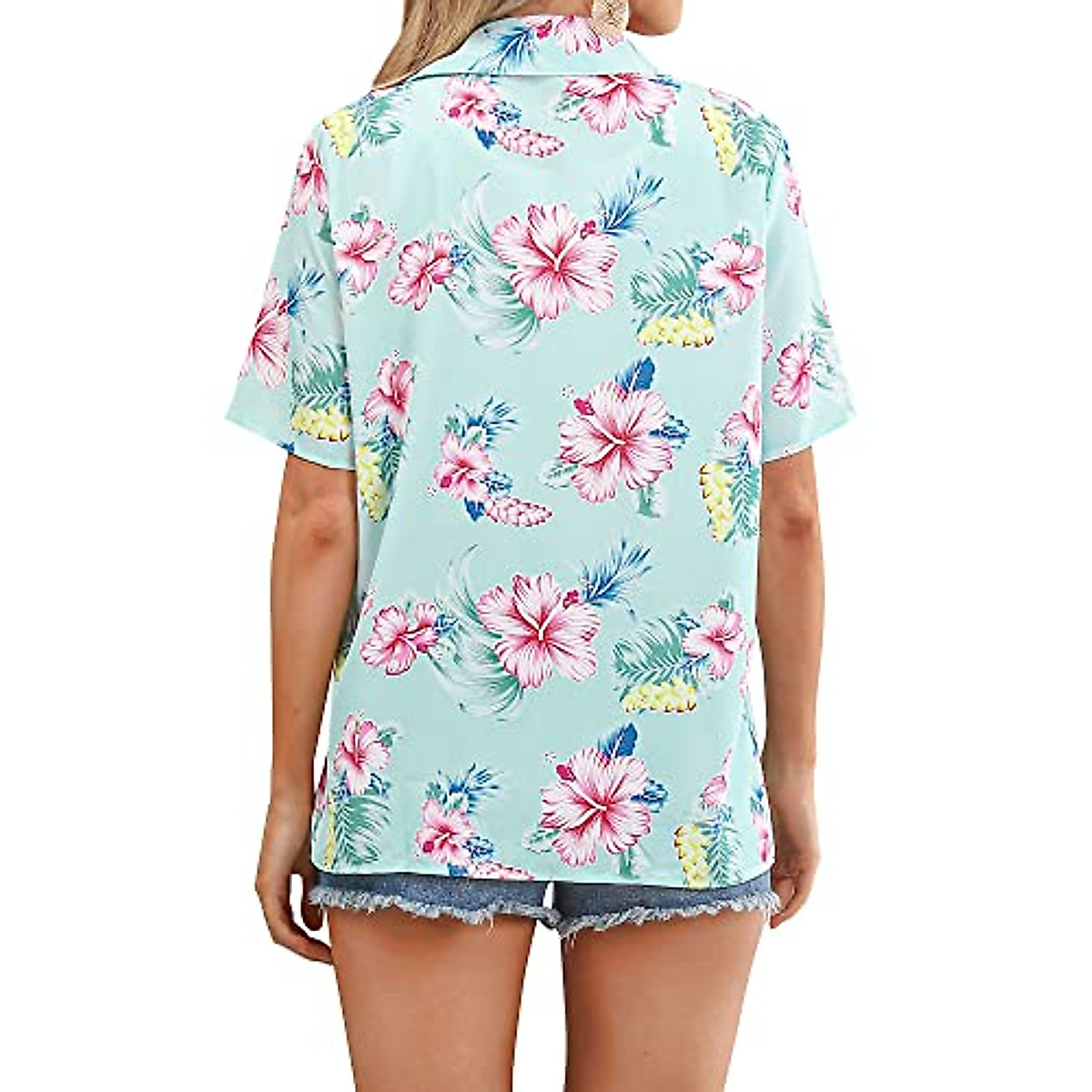 ZXZY Women Summer Hawaii Shirts Soft Cool Floral Tropic Print Short Sleeve Button Up Tops T-Shirt Light Green