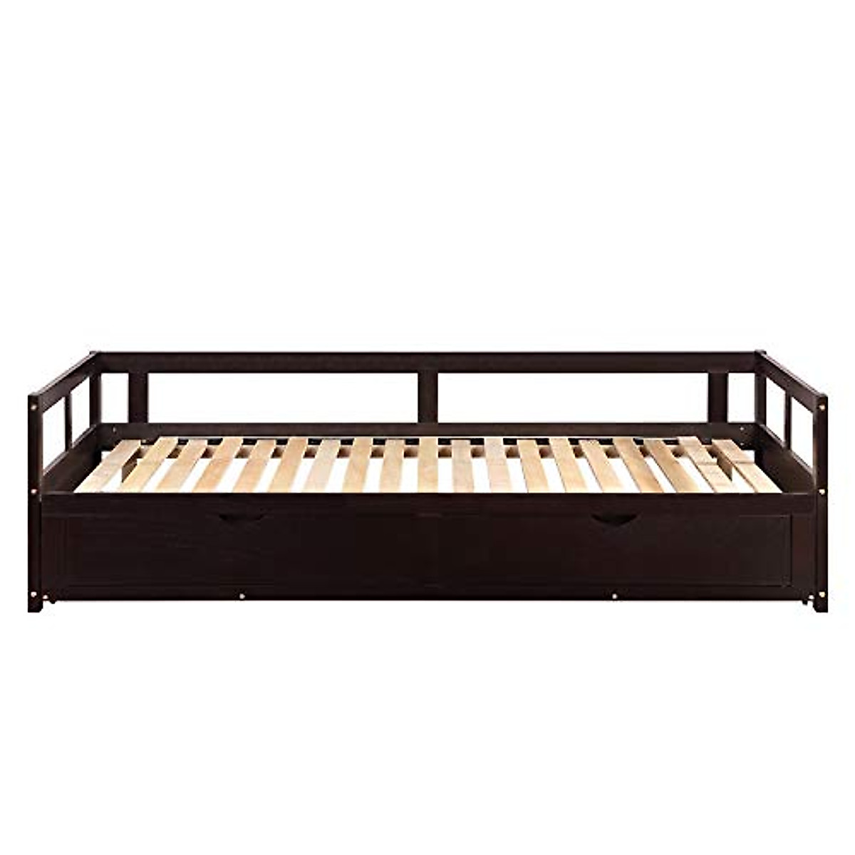 Wood Daybed with Trundle and 2 Storage Drawers Extendable Storage Sofa Bed Frame with Wooden Slats for Bedroom Living Room Guest Room, Convertible Twin To King Design, No Box Spring Needed (Espresso)