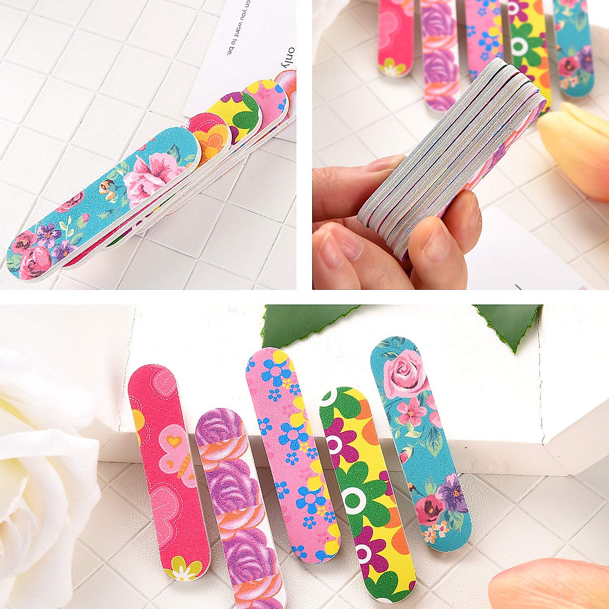 100 Pcs Colorful Nail Files Double Sided Emery Boards Manicure File and Buffers Floral Nail Tools for Women 2.56 x 0.59 Inch, 5 Colors