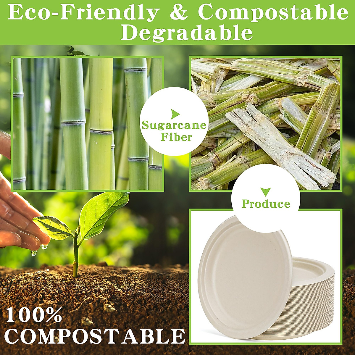 50 PCS Compostable Paper Plates, 9" Heavy Duty Disposable Plates, Biodegradable Sugarcane Fiber Natural Bagasse Party Plates Microwave Safe Dinner Plates Bulk for Daily Use Birthday Wedding Picnic