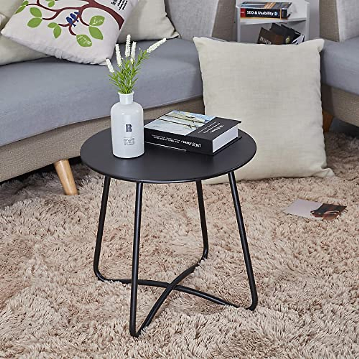 CaiFang Patio Side Table Outdoor, Metal Side Table Small Round Side Table Weather Resistant End Table Outdoor Table for Garden Porch Balcony Yard Lawn, Black