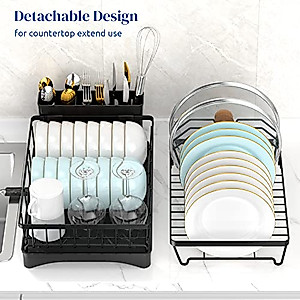 Dish Drying Rack, 2-Tier Dish Drying Rack with Drainboard Set, Black Metal Dish Rack Plate Rack for Kitchen Counter, Dish Drainer with Utensil & Cutlery Holder - Space-Saving Organizer for Countertop
