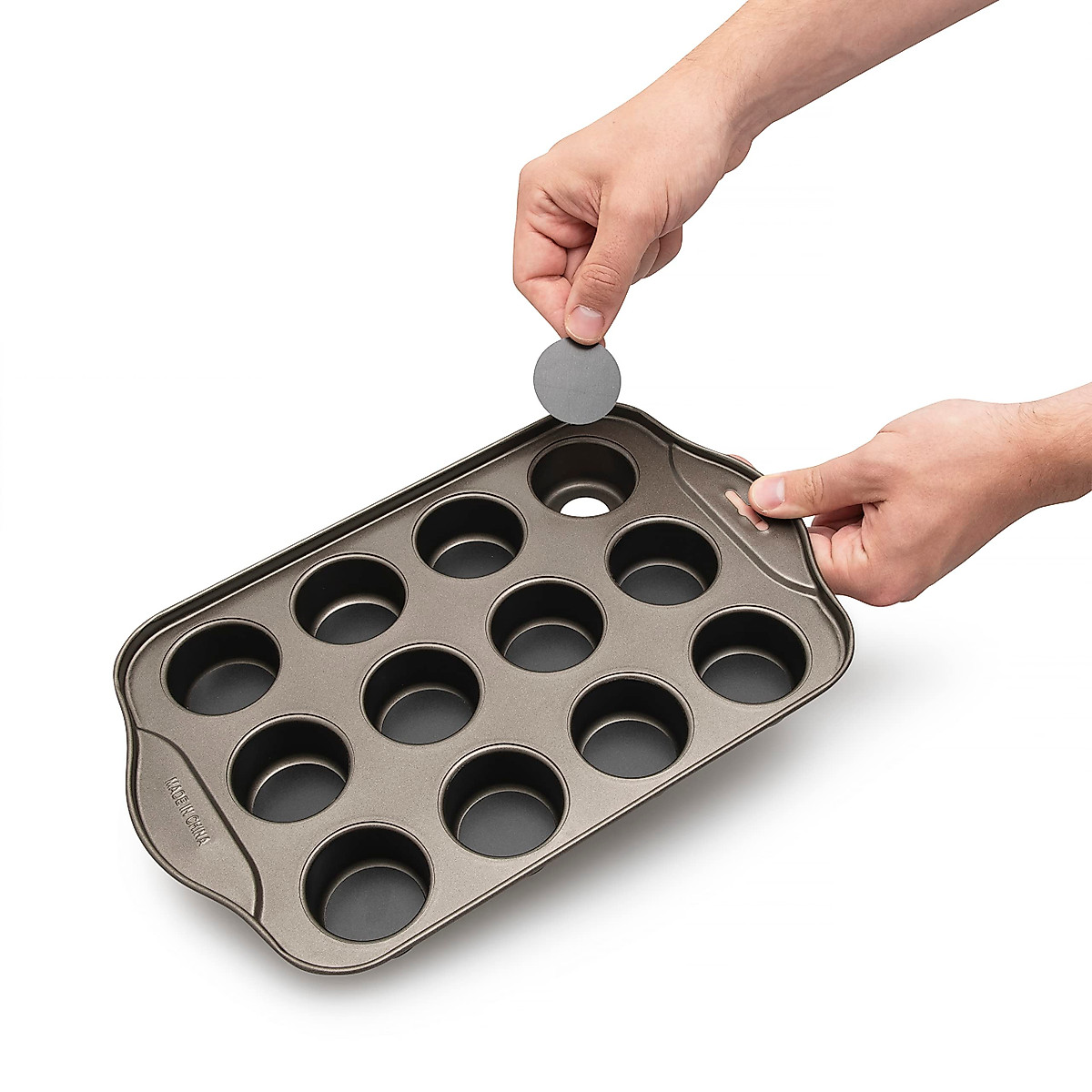 MAGENTA SPIRIT Mini Cheesecake pan - 12 Cavity Mini Muffin Pan with Removable Bottoms - Complete with Cupcake Liners and Plastic Bowl Scraper