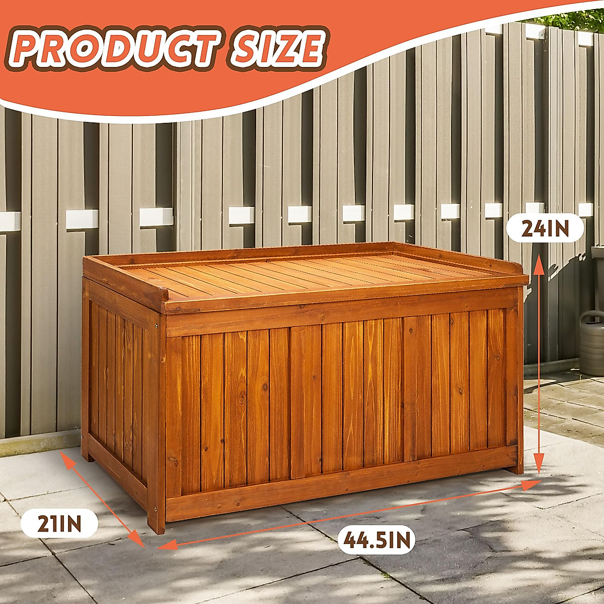 pnochoo 65 Gallon Solid Wood Deck Box, Garden Backyard Storage Bench, Waterproof Outdoor Storage Container for Patio Furniture Cushions Pool Supplies,Toys,Garden Tool,Sports Equipment