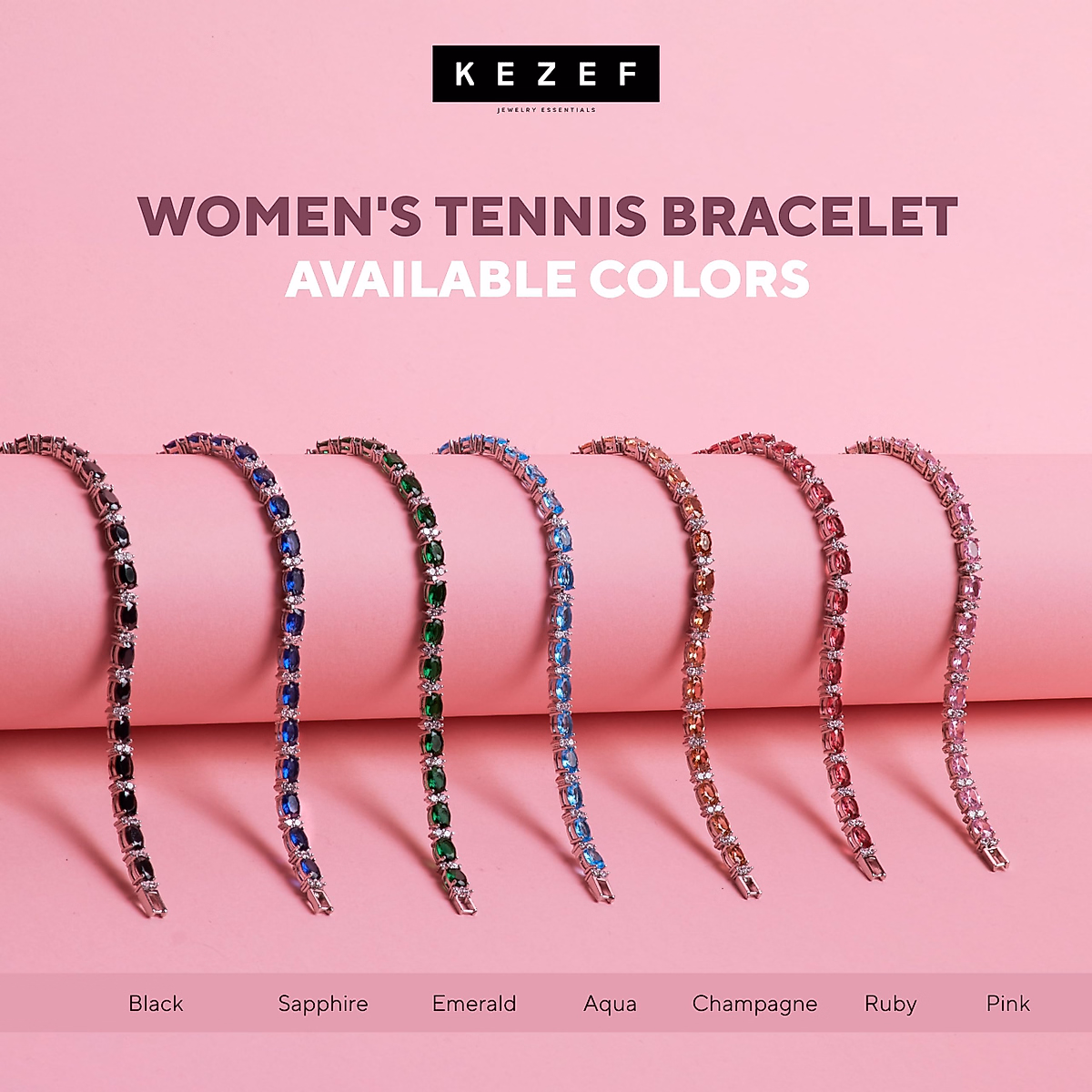 KEZEF Tennis Bracelets For Women - Cubic Zirconia - Oval 7x5mm Blue Sapphire Gemstones - Round 2.50mm White CZ - Silver Plated Brass - 7 Inch - Hypoallergenic Bracelets