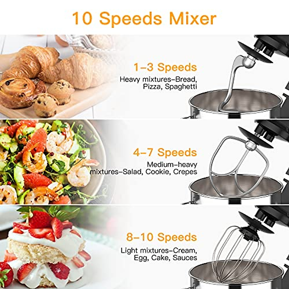 FlexWill Stand Mixer 7.5QT Dough Mixer 10 Speeds Tilt-Head Food Mixer Electric Stand Mixer with Stainless Steel Bowl, Dough Hook, Egg Whisk, Flat Beater, Splash Guard 300W Cake Mixer Black (MC1)