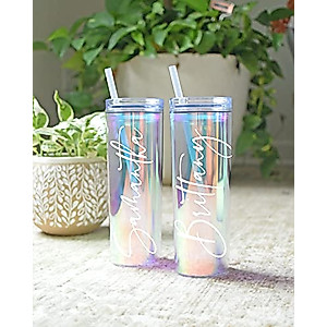 Personalized Tumbler With Lid and Straw Holographic, Bridesmaids Gifts, Acrylic Tumbler, Skinny Tumbler with Straw, Personalized Gift