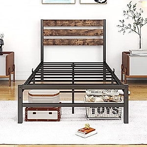 VERFARM Platform Twin Metal Bed Frame with Rustic Vintage Wood Headboard, Mattress Foundation, Strong Metal Slats Support, No Box Spring Needed
