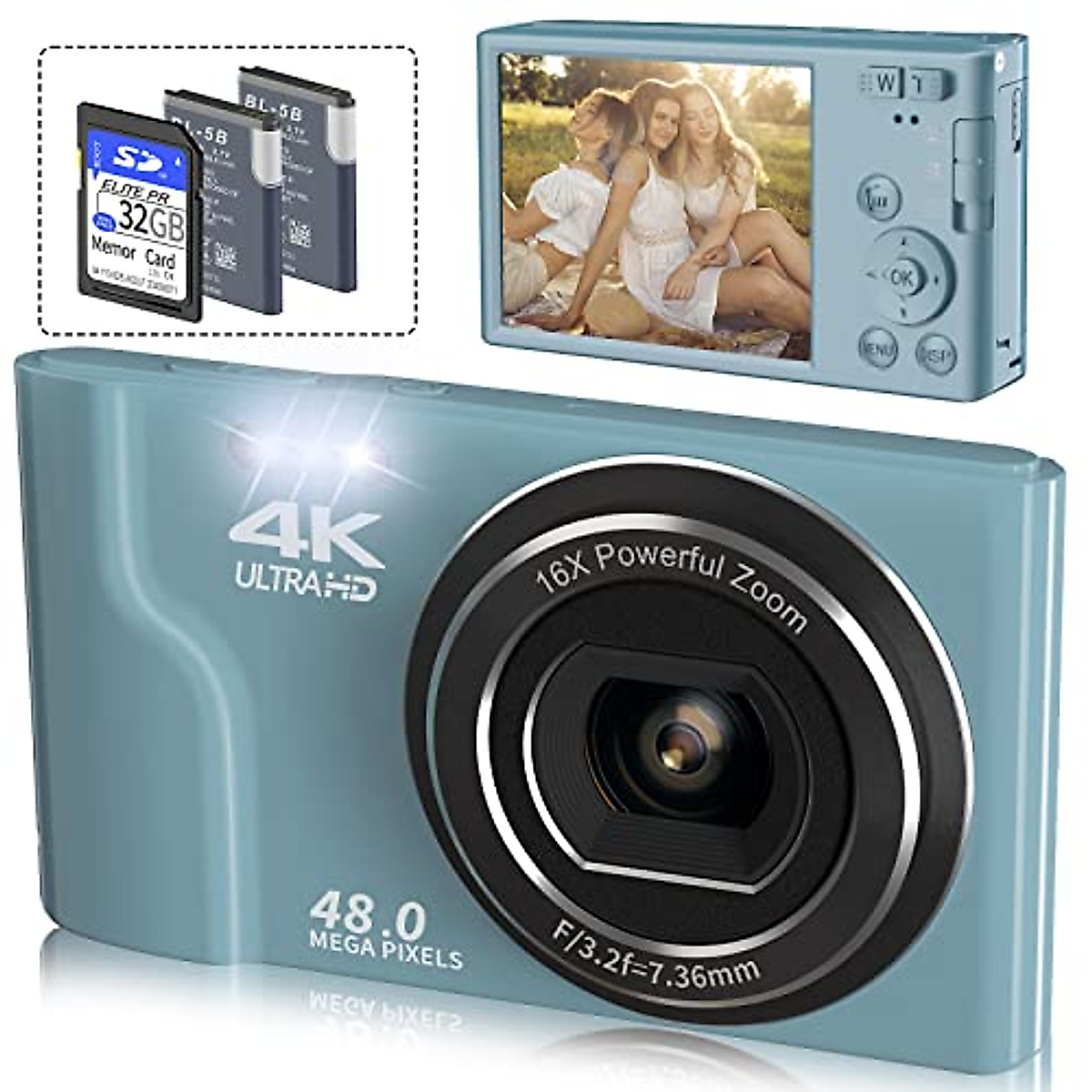 Saneen Digital Camera, 4K Kids Camera with 32GB SD Card and 2 Rechargeable Batteries, 48MP & 16X Digital Zoom Compact Point and Shoot Photography Cameras for Kids, Beginners, Elder - Blue