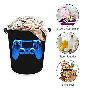 Video Game Joystick Gamepad in Blue Neon Lights Isolated on Black Collapsible Waterproof Laundry Hamper, Lightweight Washing Basket Bin Storage Organizer Bucket with Handles for Toys Clothes