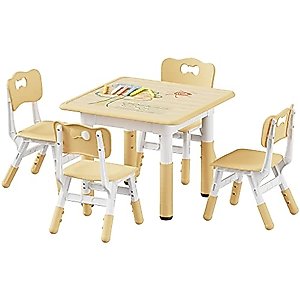 Brelley Kids Table and 4 Chairs Set, Height Adjustable Toddler Table and Chair Set, Graffiti Desktop, Classroom/Daycare/Home, Children Multi-Activity Table for Ages 2-10
