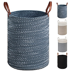 TOTANKI Large Cotton Rope Laundry Storage Basket - 15.7 Inches(D) x 19.7 Inches(H) - Collapsible Woven Basket with Leather Handles for Storing Clothing, Diapers, Toys (Blue)