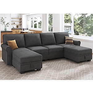 HONBAY U Shaped Sectional Couch with Storage Seat, Reversible Chaise, Convertible for Living Room, Dark Grey