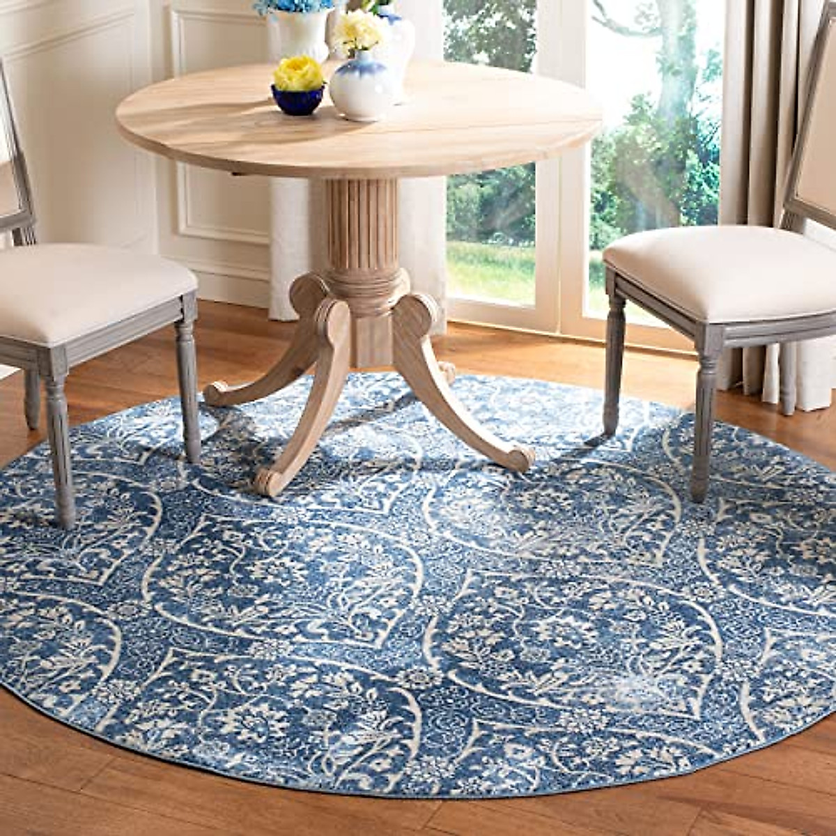 SAFAVIEH Brentwood Collection 8' x 10' Navy / Light Grey BNT860M Floral Damask Ogee Trellis Non-Shedding Living Room Bedroom Dining Home Office Area Rug