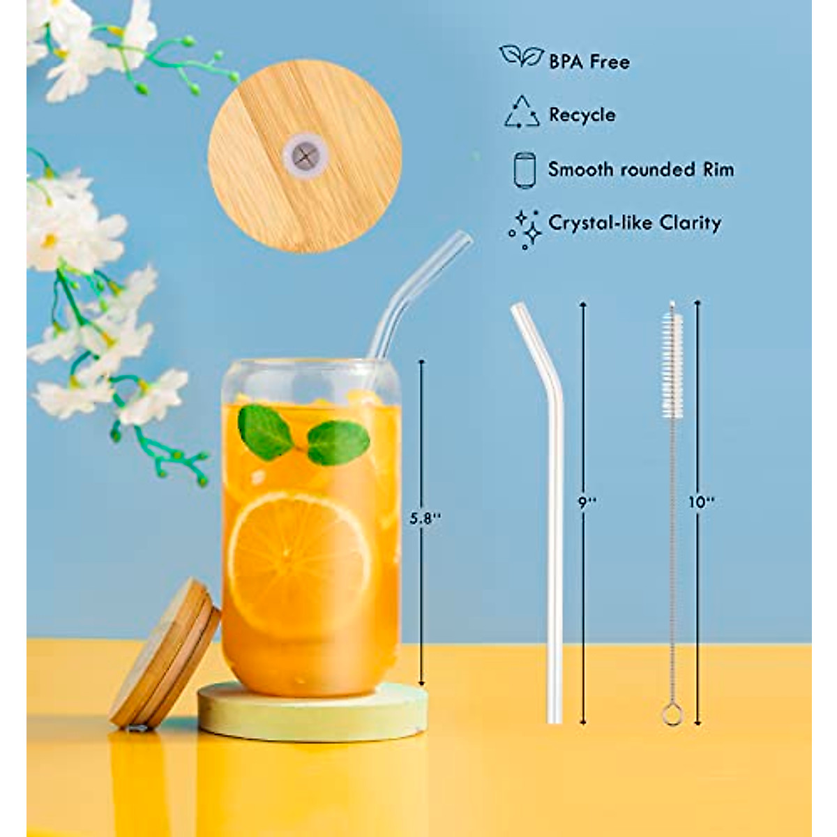 Glass Cups With Lids And Straws - 16oz Drinking Glasses 4pcs Set - Glass Coffee Cups With Lids And Straw – Iced Coffee Cups With Lids And Straws - Beer Can Glass With Lids And Straw - Cute Coffee Cups