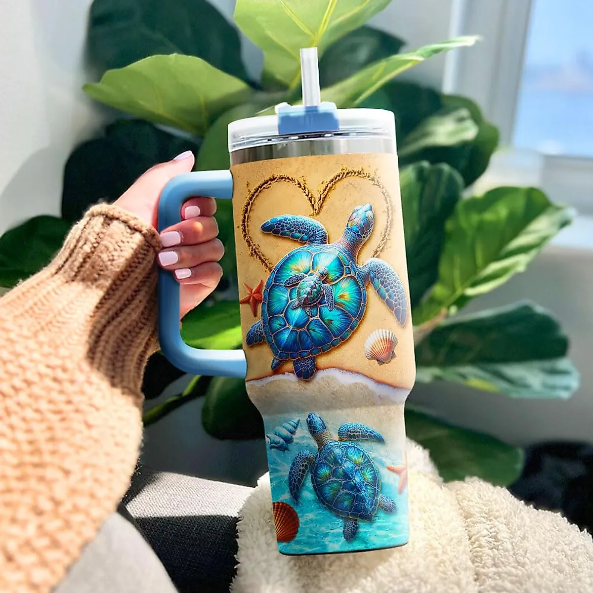 99WHALE Tumbler 40 Oz With Handle Lid And Straw, Summer Myrtle Navy Beach For Tumblers Royal Women Insulated Blue Handle, Sea Turtle Seashells Inspiration, Sea Turtle Gifts