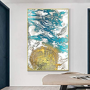 Abstract Blue with Gold Paintings Hand Painted Oil Painting On Canvas Fashion Modern Wall Art for Living Room,31inx47in,No Frame