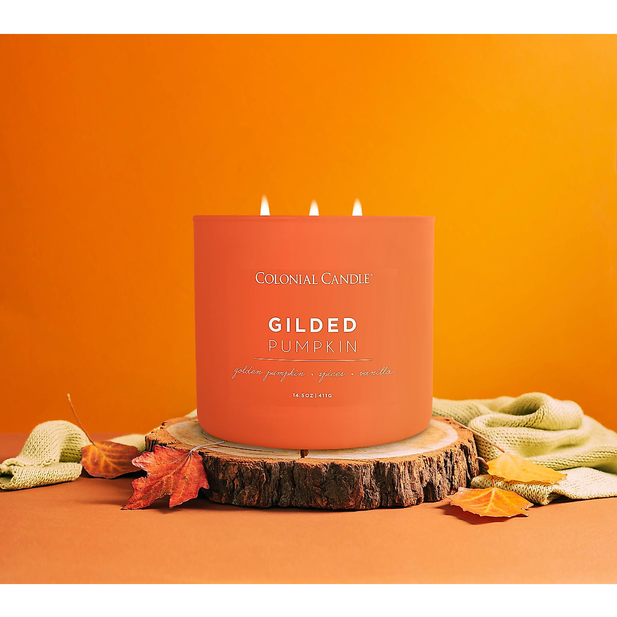 Colonial Candle Gilded Pumpkin Scented Jar Candle, Pop of Color Collection, 3 Wick, Orange, 14.5 oz - Up to 60 Hours Burn