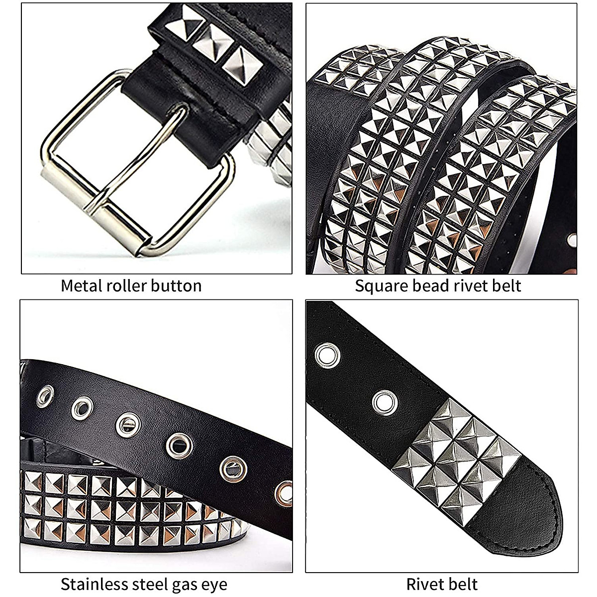 Studded Belt, 3 Row Metal Pyramid Silver Square Beads Punk Leather Belt, Gothic Punk Pants Jeans Belt for Women Men (Black) 110 x 3.8 cm