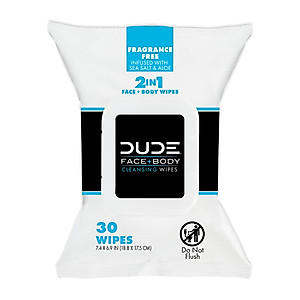 DUDE Wipes Face and Body Wipes - 3 Pack, 90 Wipes - Unscented Wipes with Sea Salt & Aloe - 2-in-1 Body & Face Wipes - Alcohol Free and Hypoallergenic Cleansing Wipes