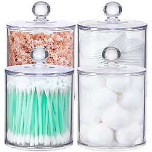AOZITA 4 Pack 18 OZ Qtip Holder Dispenser for Cotton Ball, Cotton Swab, Cotton Round Pads, Floss - Clear Plastic Apothecary Jar Set for Bathroom Canister Storage Organization, Vanity Makeup Organizer