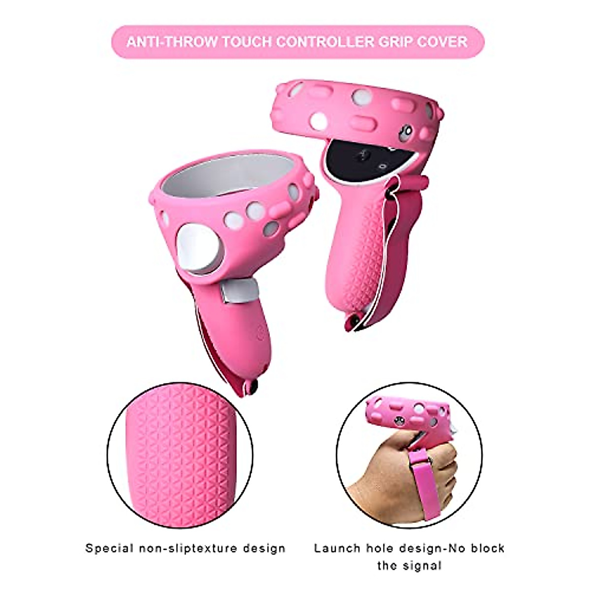 MODJUEGO VR Adjustable Head Strap for Oculus Quest 2 Accessories with Silicone Touch Controller Grip Cover,Barbie Pink 6 in1 VR Shell Protector Cover & VR Face Cover Replacement Set