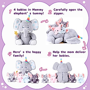 EARTHSOUND Elephant Mom and Baby Stuffed Animal Mommy Plush Toy,16” Cute Small Mama Soft Toys with Little Babies,Family Set Gifts for Kid