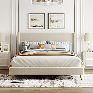 Queen Size Platform Bed Corduroy Upholstered Platform Bed with Wingback Headboard Queen Bed Frame with Metal Legs and Strong Wooden Slats, No Box Spring Needed, Noise Free, Easy Assembly, Beige
