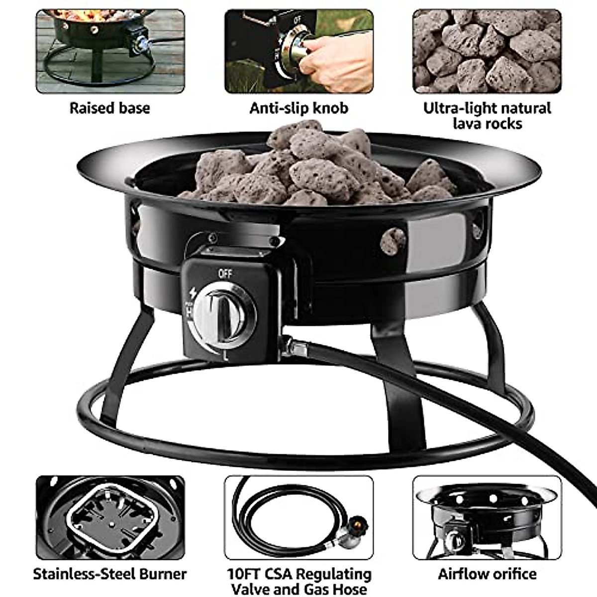LEISURELIFE Propane Gas Fire Pit for Outdoor Camping Portable Fire Bowl for Outside with Carry Handle Including CSA Regulating Valve &10" Gas Hose (Installed) 18.5" Diameter 58000 BTU/HR Black