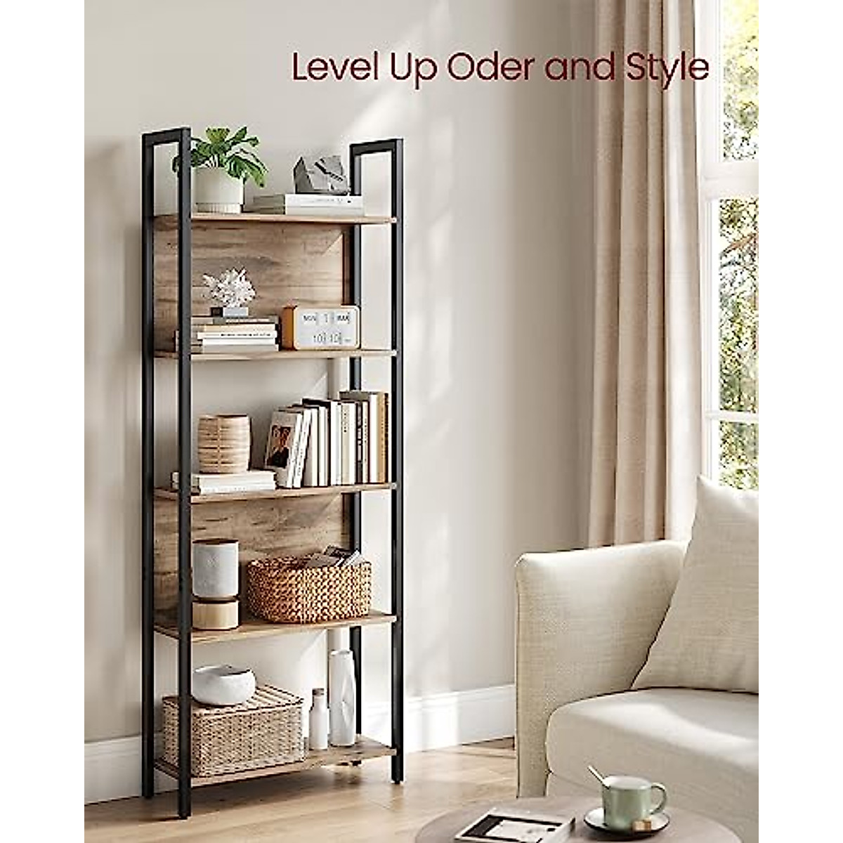 VASAGLE 5-Tier Bookshelf, Book Shelf, Industrial Bookcase, with Steel Frame, for Living Room, Home Office, Bedroom, 9.4" D x 24.4" W x 65" H, Rustic Walnut + Black