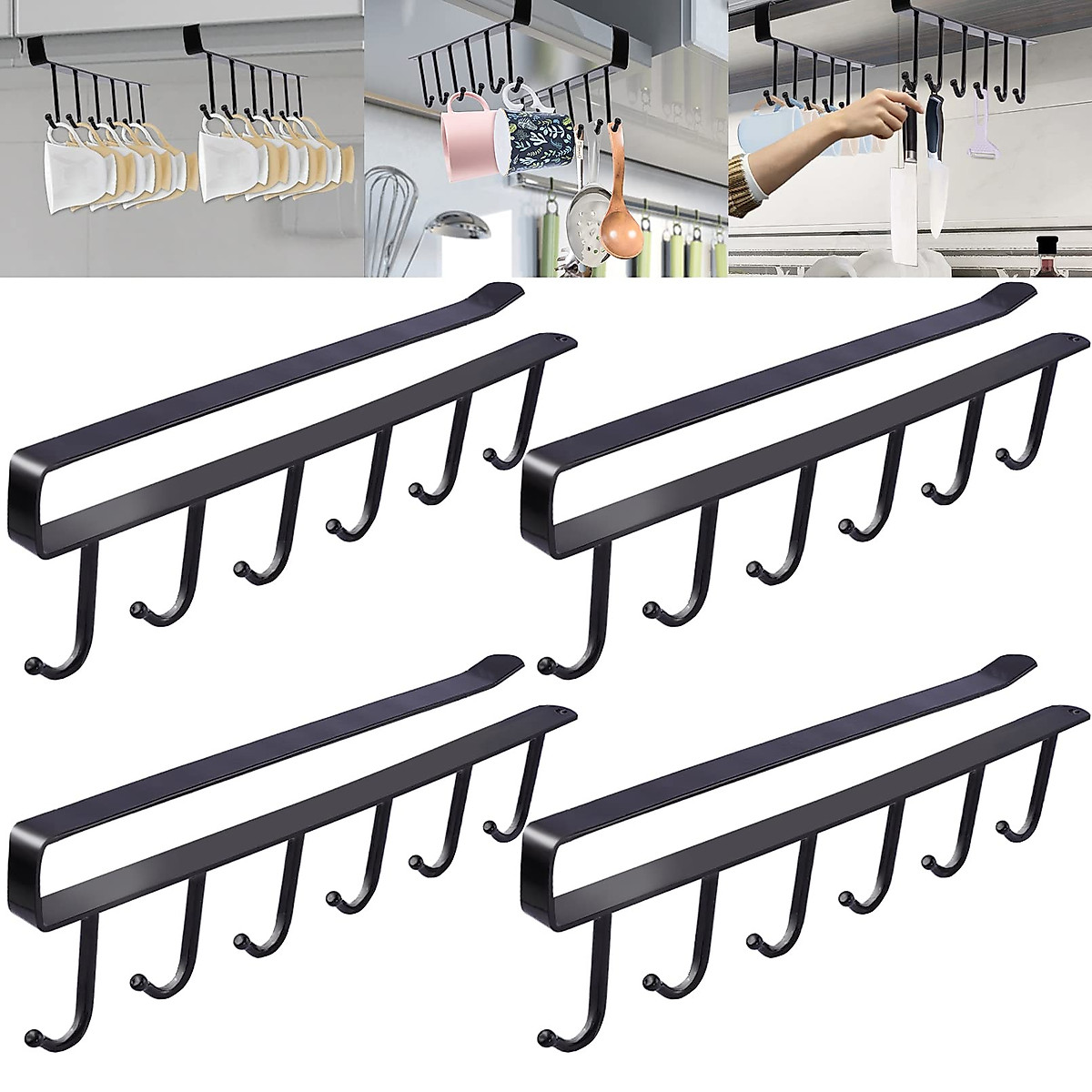 4Pcs Coffee Mug Holder Under Cabinet,Coffee Cups Holder with 6 Mug Hooks,Drilling Free Adhesive Kitchen Utensils Hanging Hooks for Kitchen Utensil,Fit for 1 Inch Thickness Shelf or Less (Black)
