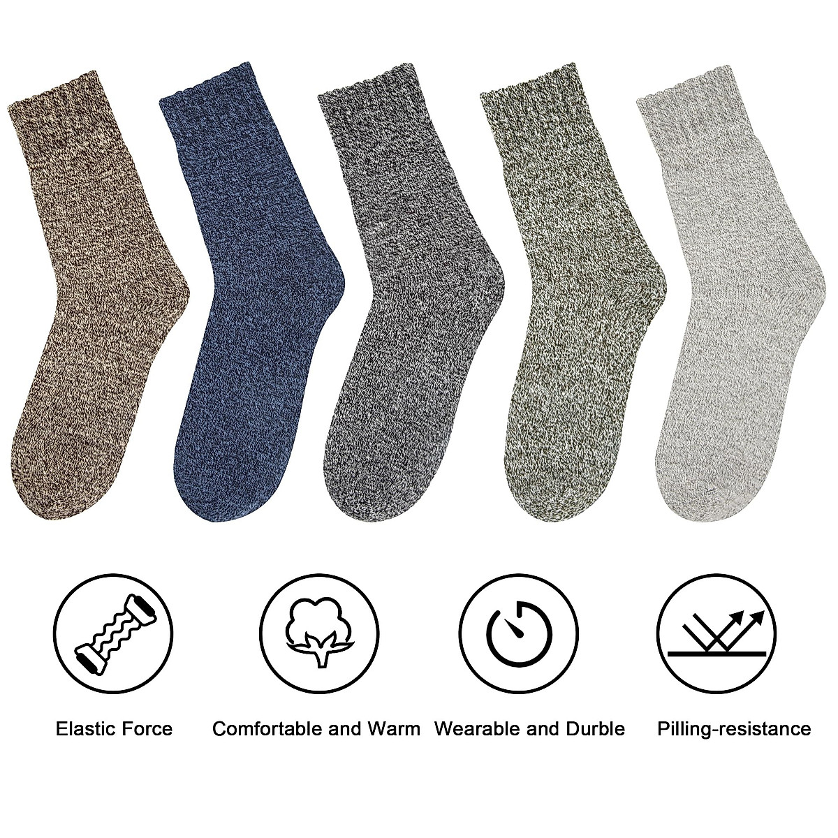 YSense 5 Pairs Mens Wool Socks Winter Warm Thick Socks Knit Causal Crew Socks for Men