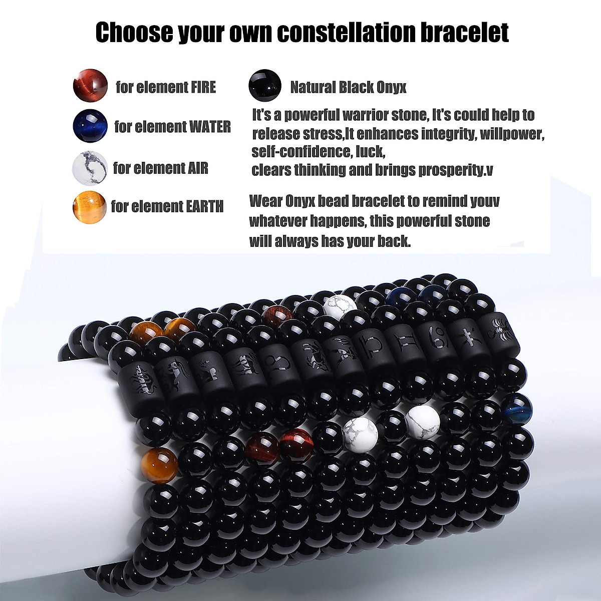 Jade cabbage Couple Bracelet for Men Women 12 Constellation 8mm 10mm Natural Black Onyx Bead Bracelet Distance Friendship Prayer Blessing Bracelet Gifts 6.5"