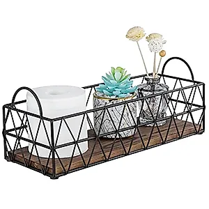 MyGift 16 Inch Deluxe Black Metal Toilet Tank Tray with Geometric Wire Design and Burnt Wood Base, Bathroom Vanity Toiletry Storage Organizer Tray with Handles