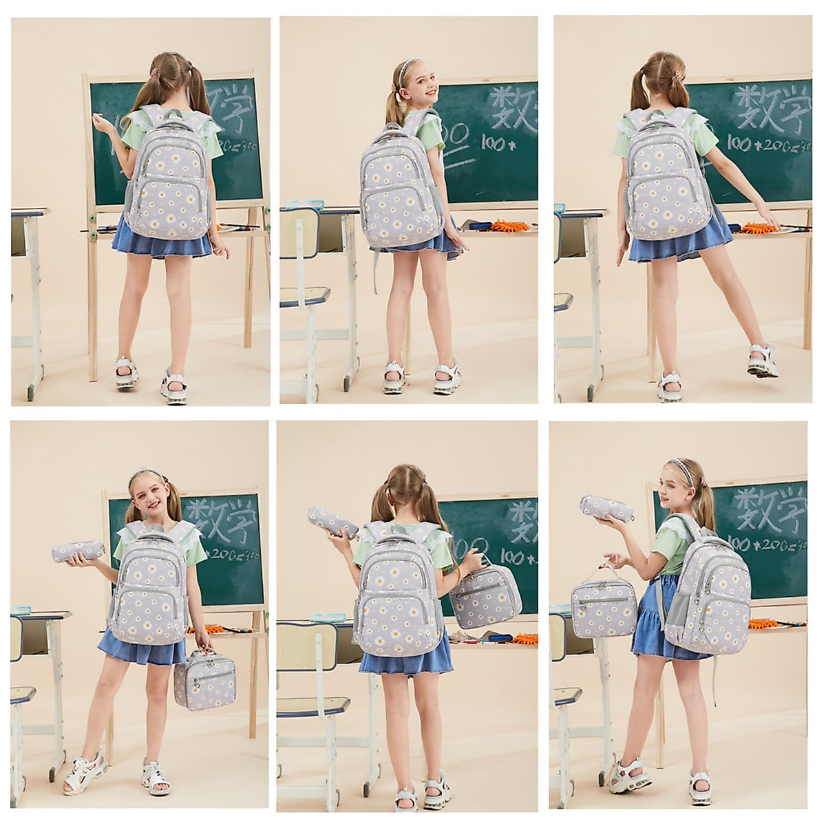 Daisy-Print School Backpack Set with Lunch Kits Bookbag for Teenager Girls 3pcs Gradient SchoolBag for Primary Student