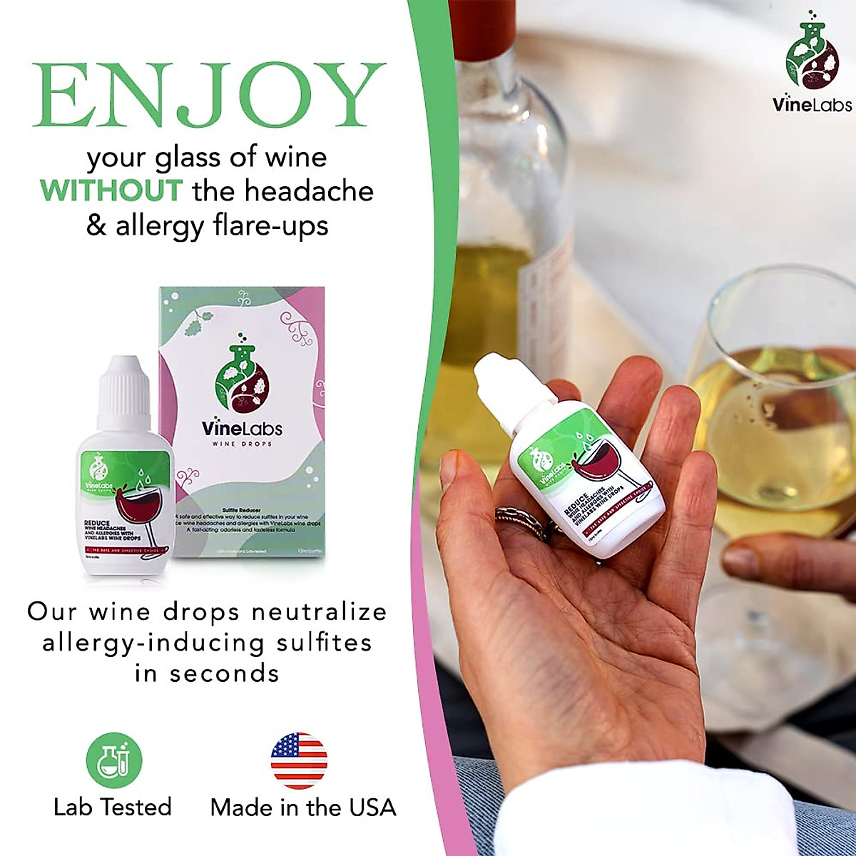 VineLabs Sulfite Removing Wine Drops, Odorless and Tasteless Purifier for Red and White Wines, Natural Headache Reducer, Made in the USA
