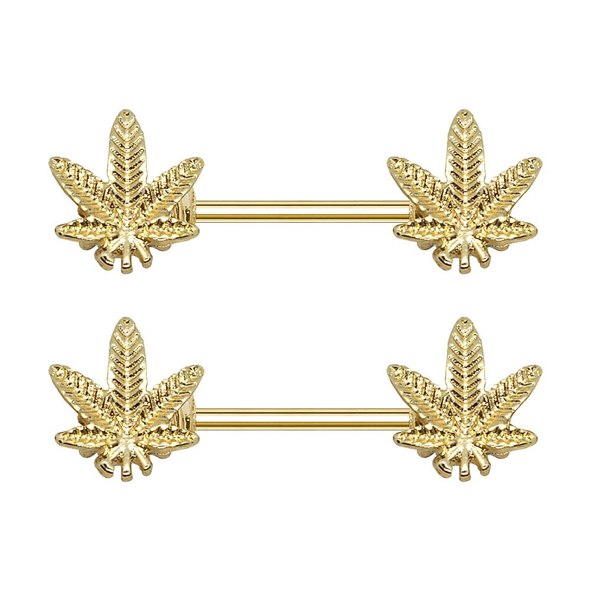 Pierce2GO 2 Pcs 14G Gold Marijuana Leaf Nipplerings Piercing Women Nipple Rings - 9/16" Barbell (Gold)