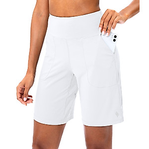 SANTINY Bermuda Shorts for Women with Zipper Pocket Womens High Waisted Long Shorts for Running Workout Athletic(White_S)